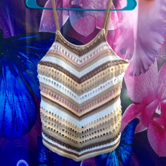 Poof! | Tops | Poof Crochet Tan And Beige Medium Tank | Poshmark